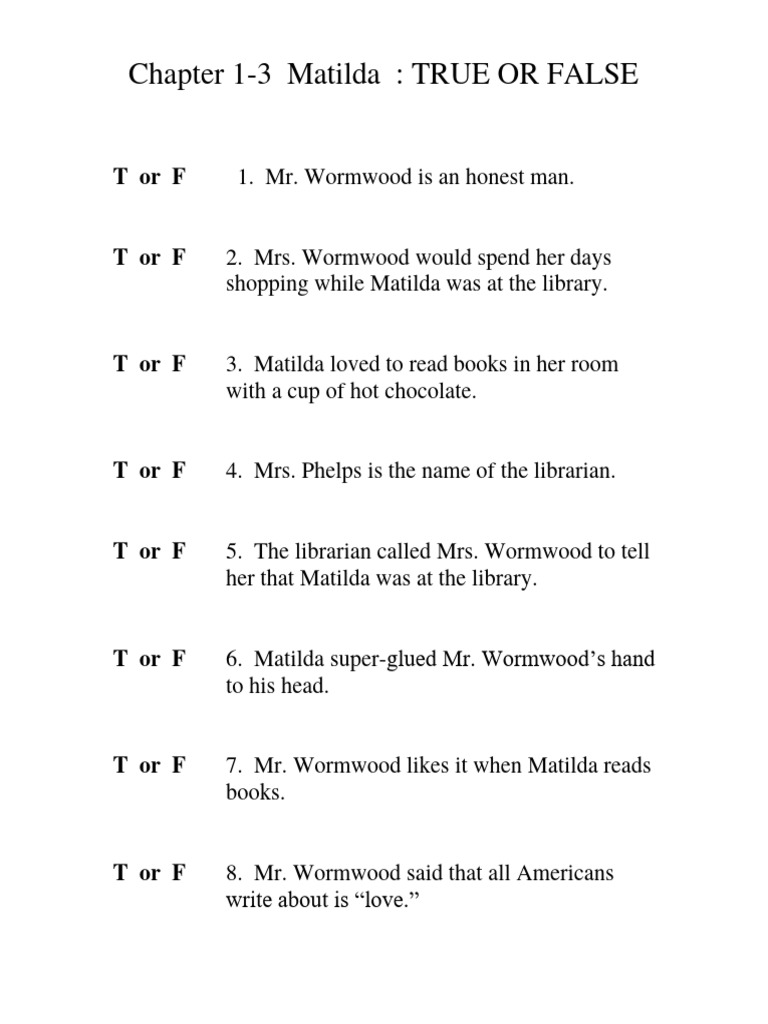 Chapter 1-3 - Matilda - T:F VIBGYOR STUDENT HELP | PDF