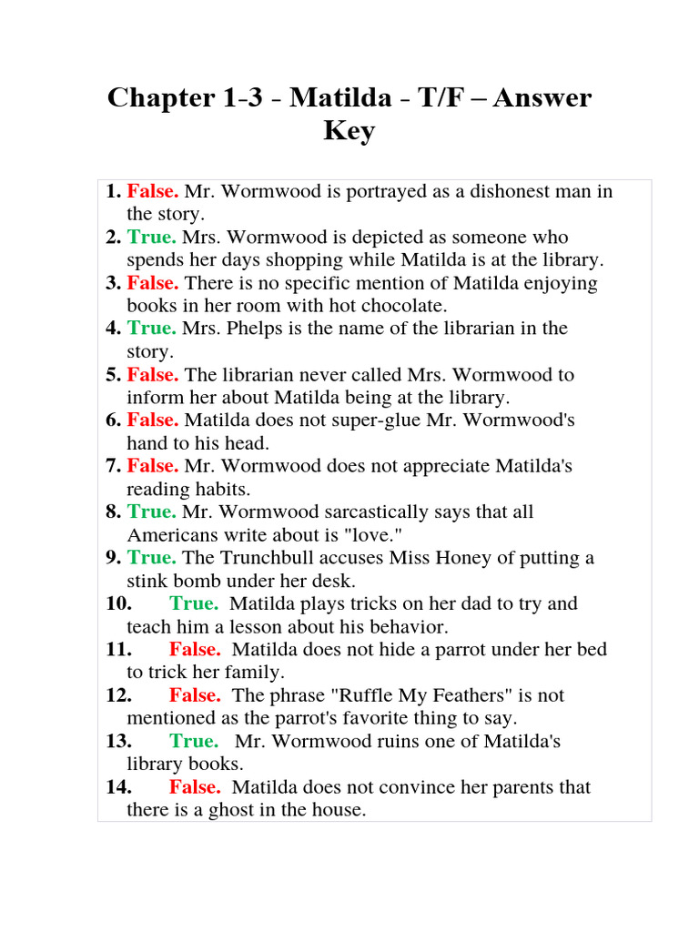 Chapter 1-3 - Matilda - T:F - Answer Key VIBGYOR STUDENT HELP | PDF