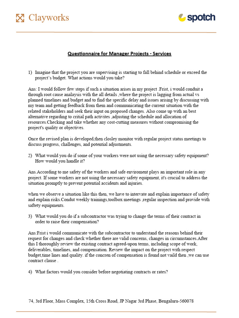 Questionnaire For Managers - Projects | Download Free PDF | Safety | Business