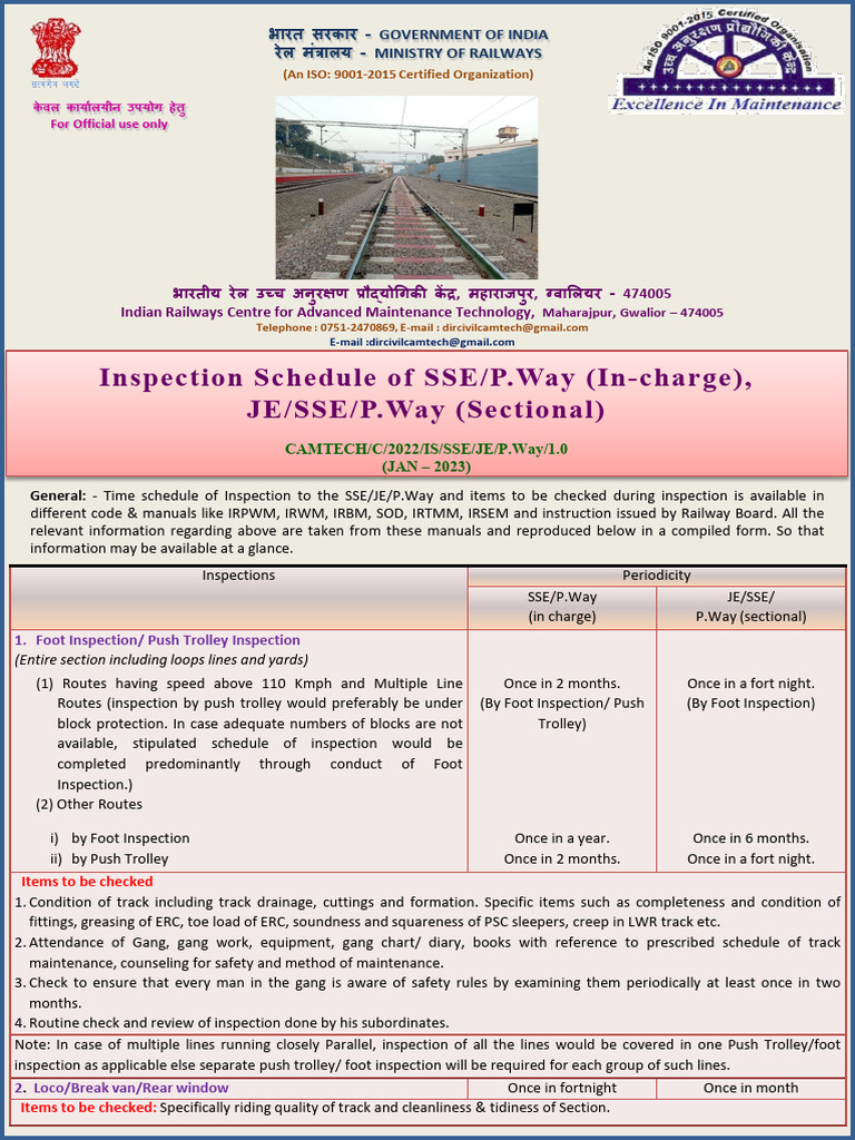 Pamphlet On Inspection Schedule of SSE PWay (In-Charge), JE SSE PWay ...