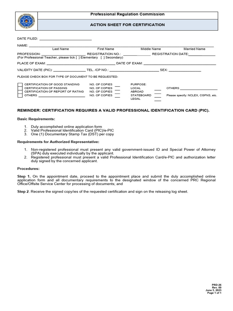 PRD-26 Action Sheet For Certification (For LERIS) | PDF | Identity ...