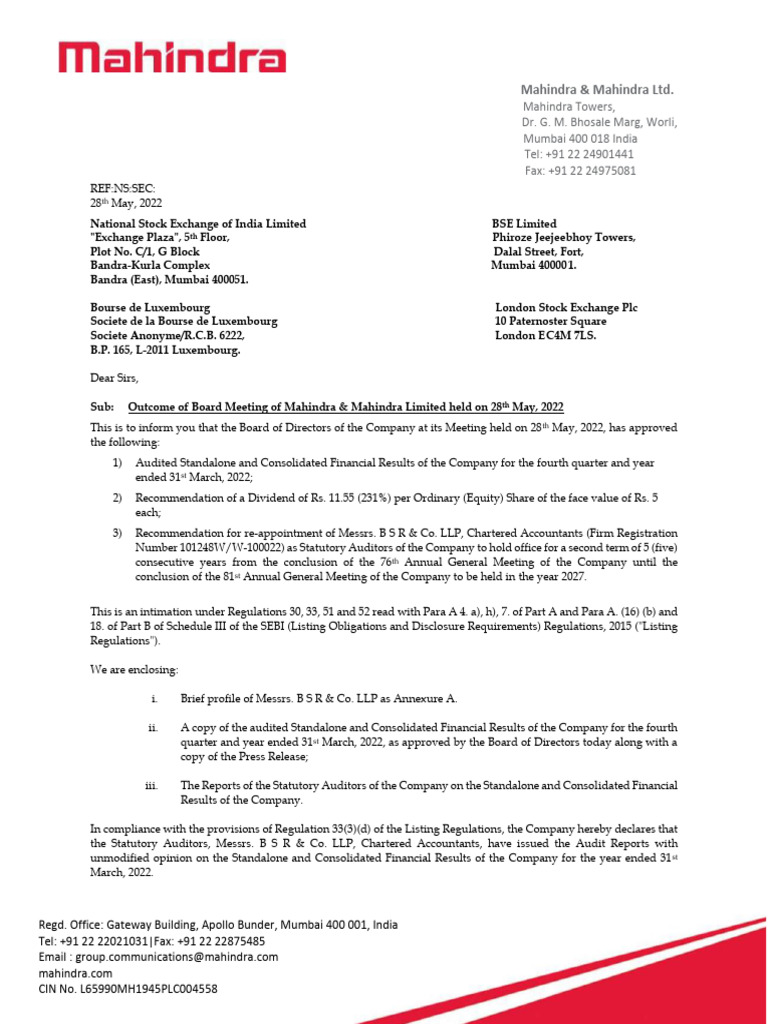 SE Intimation Post BM 28th May 2022 | PDF | Stock Exchange | Balance Sheet