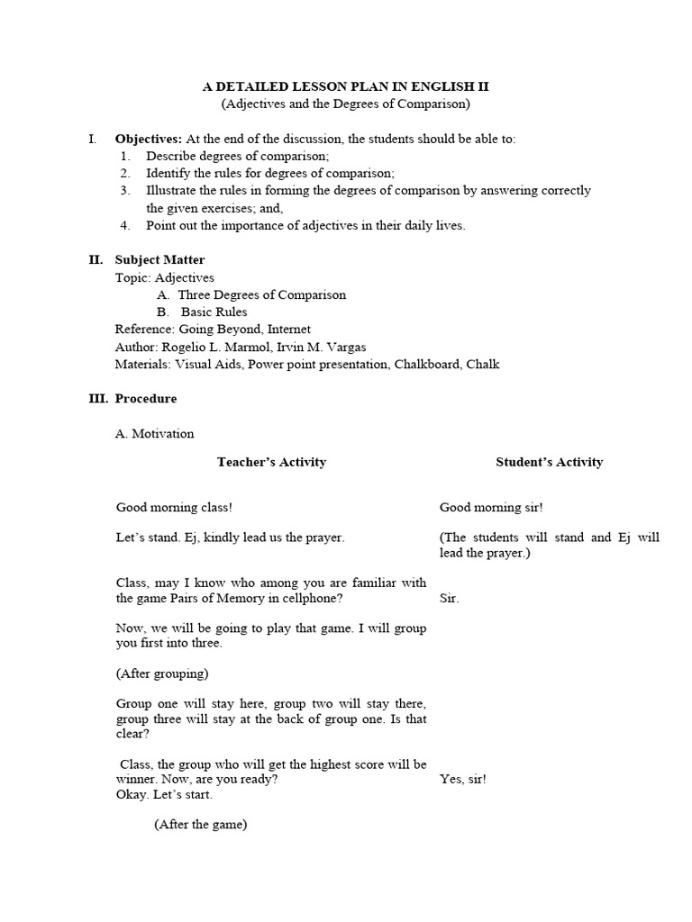 Lesson-Plan-in-Degrees-of-Comparison | PDF | Adjective | Grammar