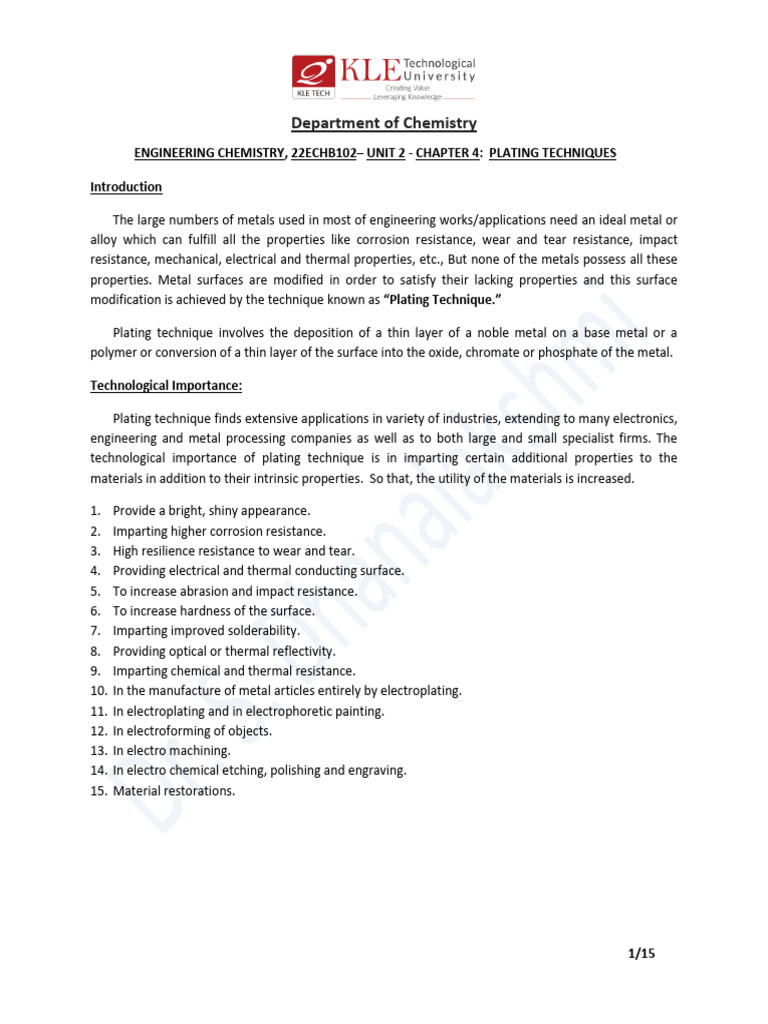 Unit 2 - Chapter 4. Plating Techniques - 2022 - 2023 | PDF | Gold | Metals
