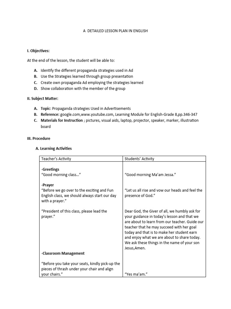 A Detailed Lesson Plan in English | PDF | Propaganda | Advertising