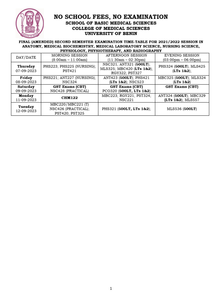 Final (Amended) Second Semester Examination Time-Table For 2021-2022 Session | PDF