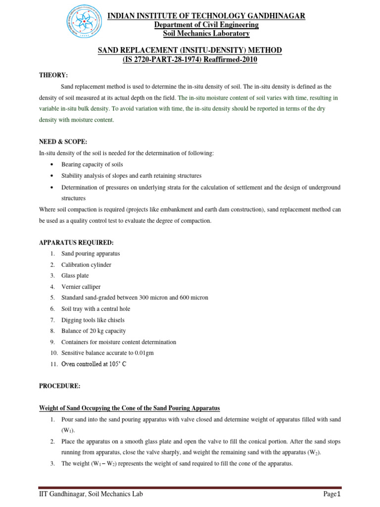Sand Replacement Test | PDF | Density | Soil Mechanics