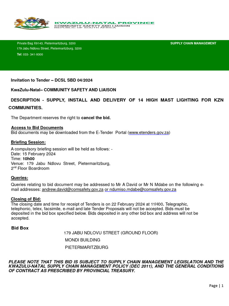 DCSL SBD 04-2024 Tender Document Supply and Install 14 High Mask Lighting For KZN | PDF ...