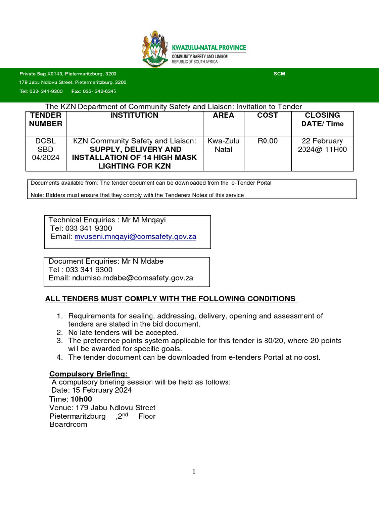 DCSL SBD 04-2024 Tender Invitation - Supply, Install and Deliver of 14 ...