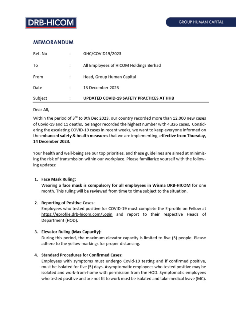 Memo - Updated Covid-19 Safety Practices at HHB | PDF | Medicine | Pandemic