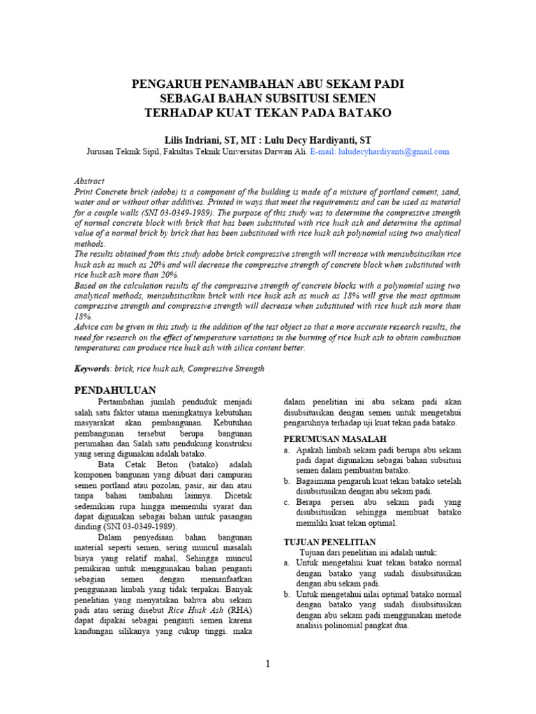 Pengaruh Penambahan Abu Sekam Padi Sebagai Bahan Subsitusi Semen ... Pengaruh Penambahan Abu Sekam Padi Sebagai Bahan Subsitusi Semen ...