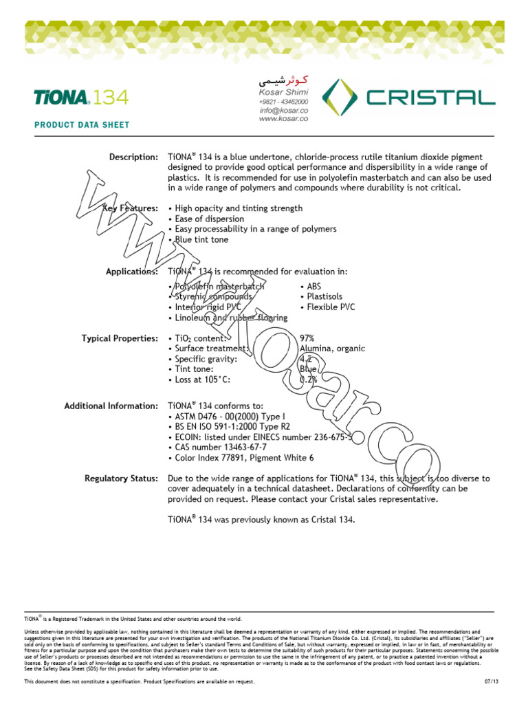 Microsoft Word - TiONA 134 - Final | PDF | Titanium Dioxide | Materials