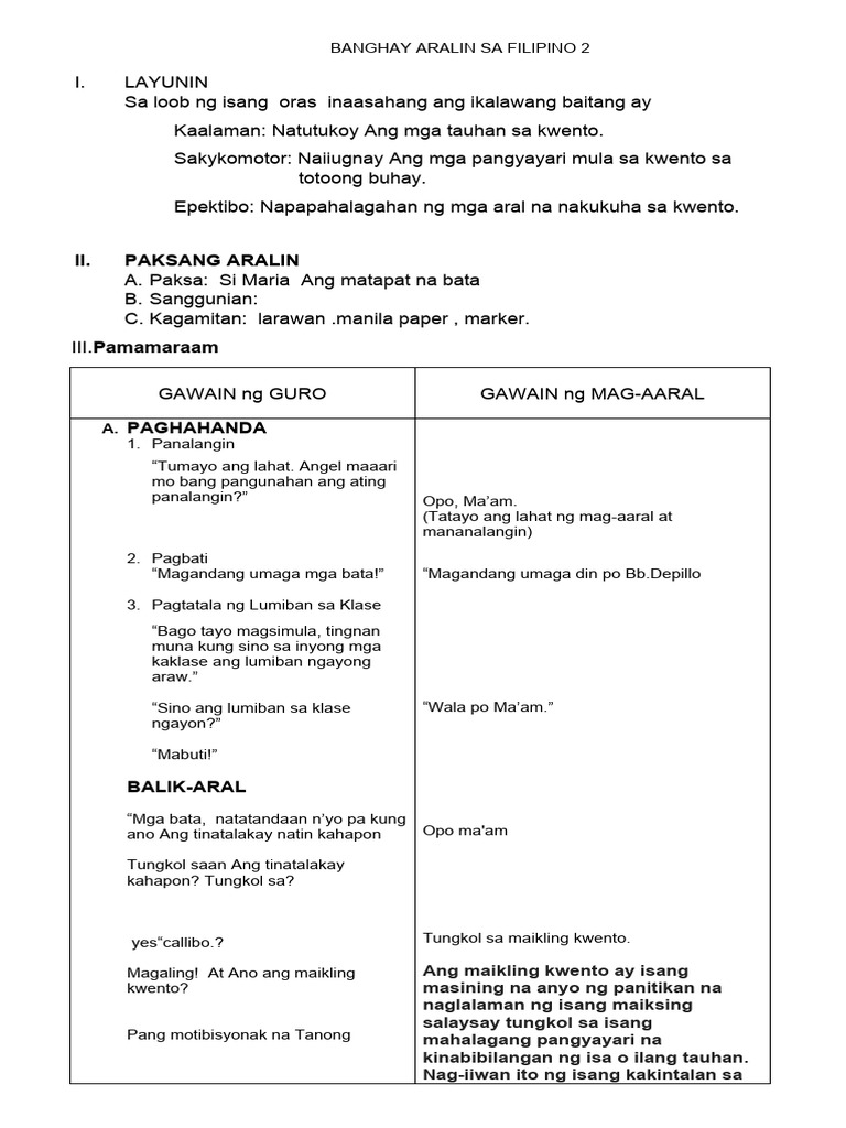 Banghay Aralin Sa Filipino 2 | PDF
