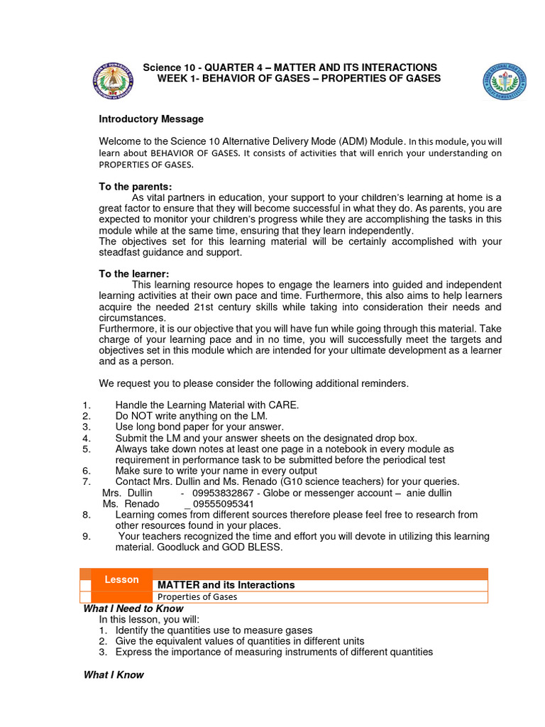 Science 10 QUARTER 4 WEEK 1 | PDF | Pressure | Celsius