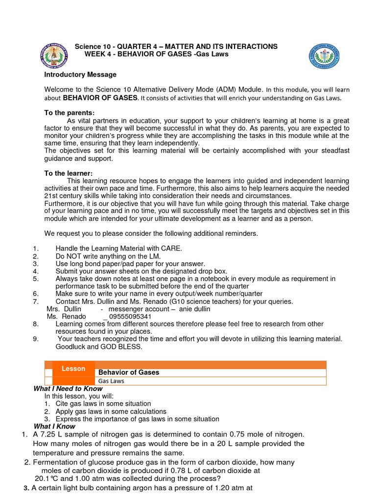 Gas Laws for High School Students | PDF