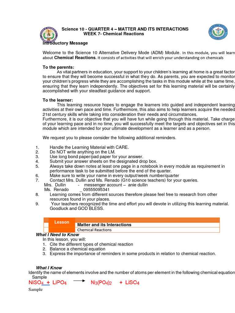Chemical Reactions in Science 10 Week 7 | PDF | Chemical Reactions ...