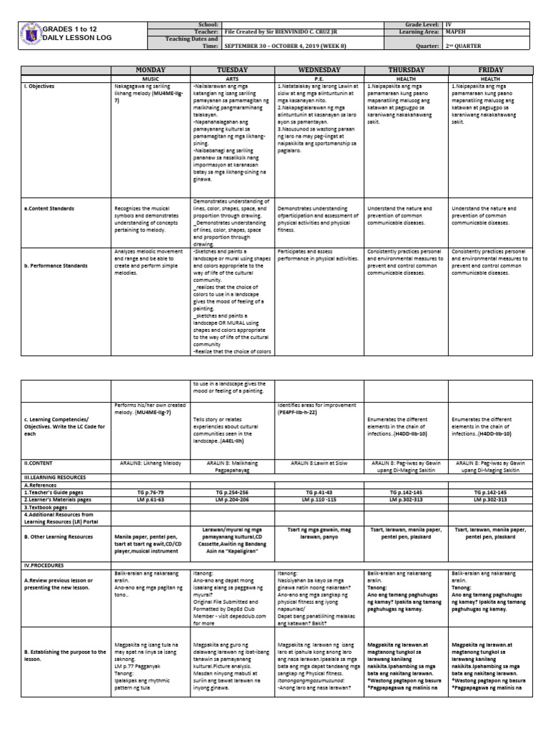 Mapeh 4 DLL Week 8 | PDF