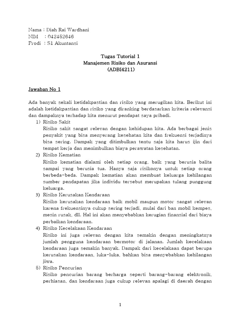 Tugas 1-Manajemen Risiko Dan Asuransi | PDF