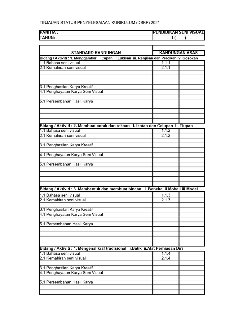 Senarai Semak Penjajaran DSKP PSV THN 1, Tahun 2, THN3 & THN4 SR | PDF