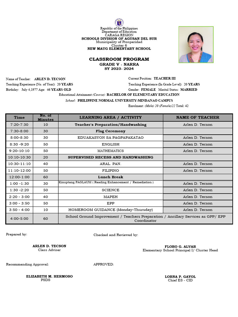 Grade V Classroom Program 2023-2024 | PDF | Teachers | Schools