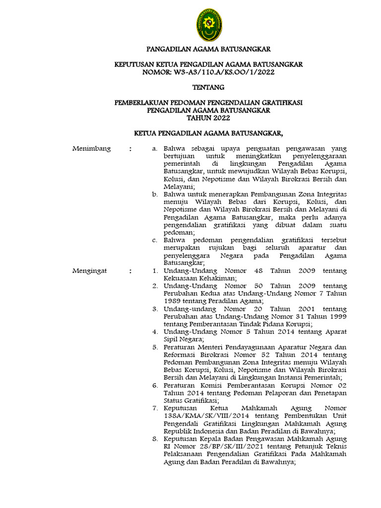 5.i.b.2 SK Pemberlakuan Pedoman Pengendalian Gratifikasi | PDF