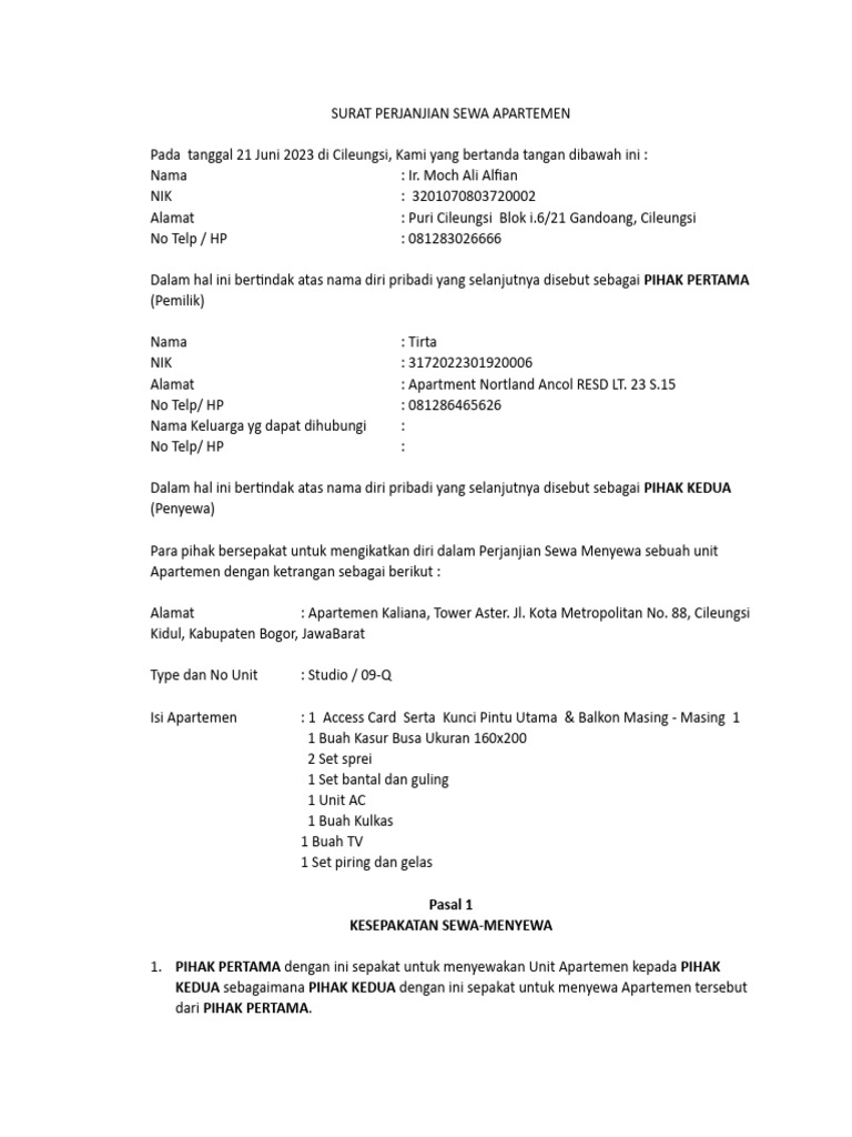 Surat Perjanjian Sewa Apartemen Bulanan Pdf