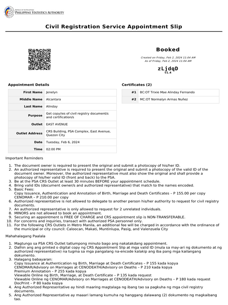 Civil Registration Service Appointment Slip | PDF