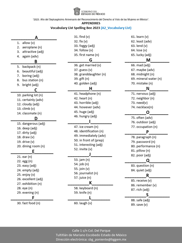 A2 - Vocabulary List | PDF