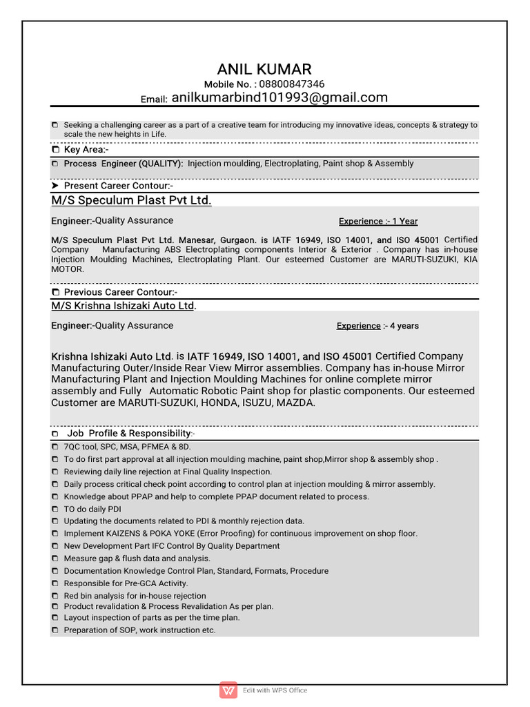 Shine Anil Kumar 5yrs 1m Gurugram 3.00 LPA Engineer | PDF