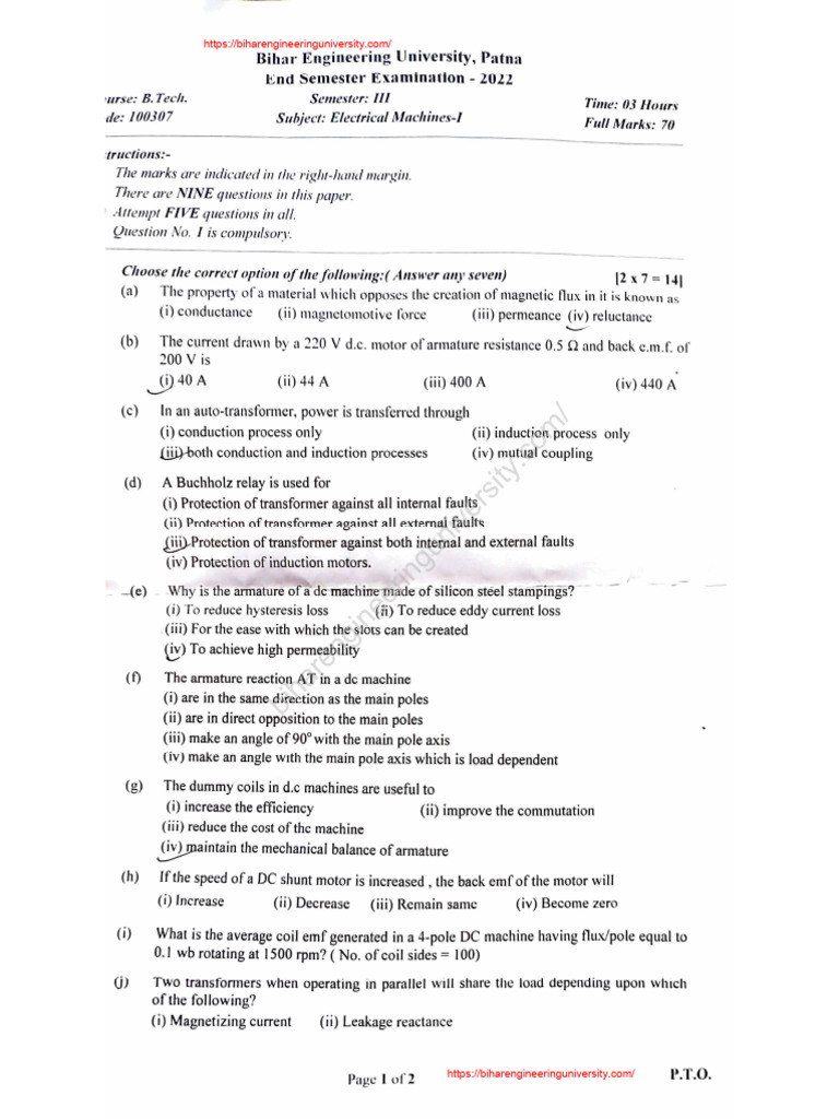 BEU-pyq-EE-3-sem-Electrical-machine1-100307-2022 | PDF