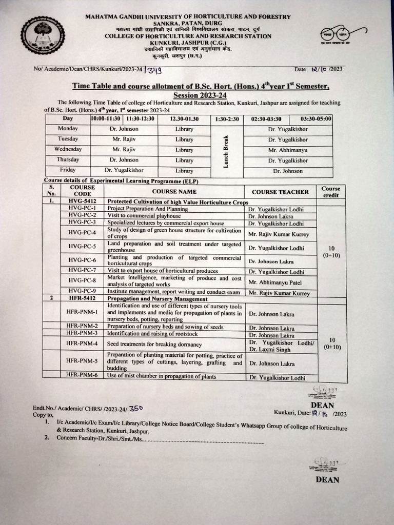 Time Table - B.sc. (Hort.) 4th Year 1st Sem. | PDF | Horticulture | Horticultural Techniques