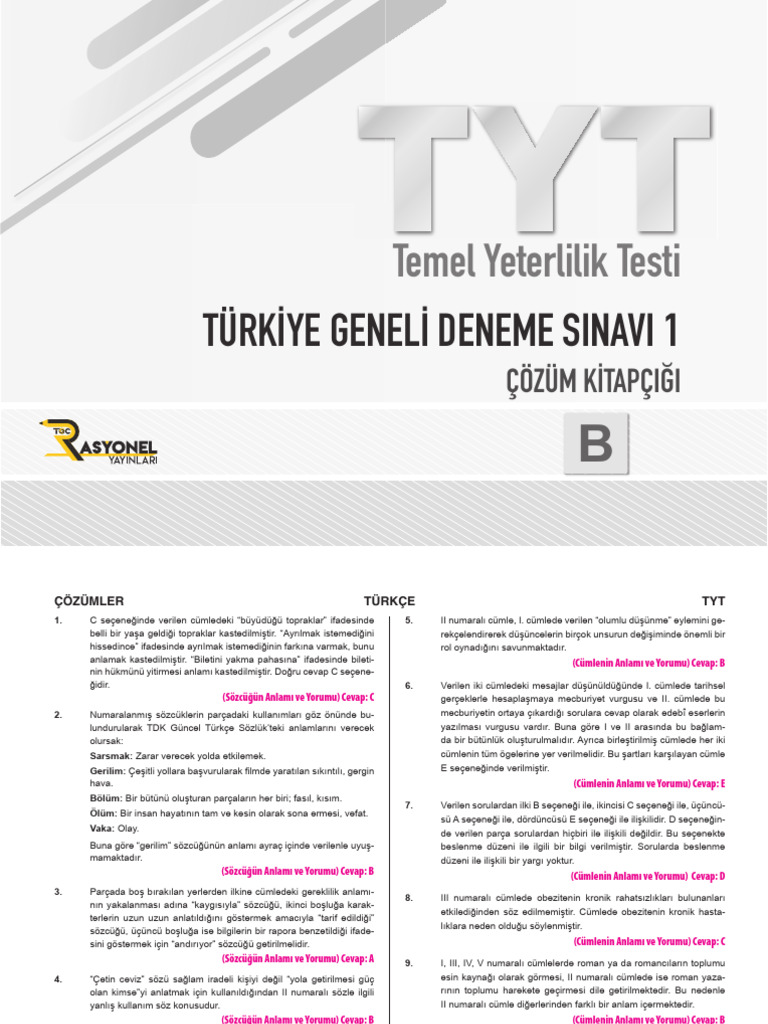 Rasyonel Yayinlari Tyt Turkiye Geneli Deneme Sinavi 1 B Kitapcigi Cozum Kitapcigipdf - Cevap ...