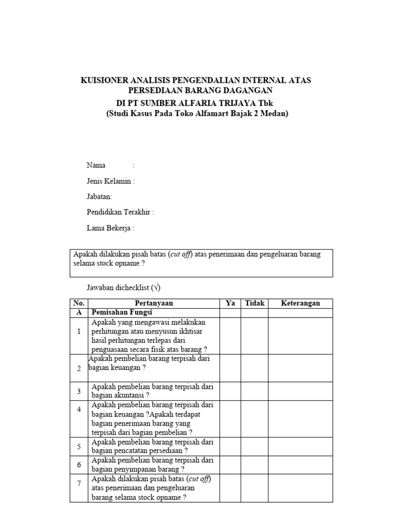 UEU-Undergraduate-5329-Kuisioner Penelitian Evaluasi Pengendalian Internal Persedia | PDF