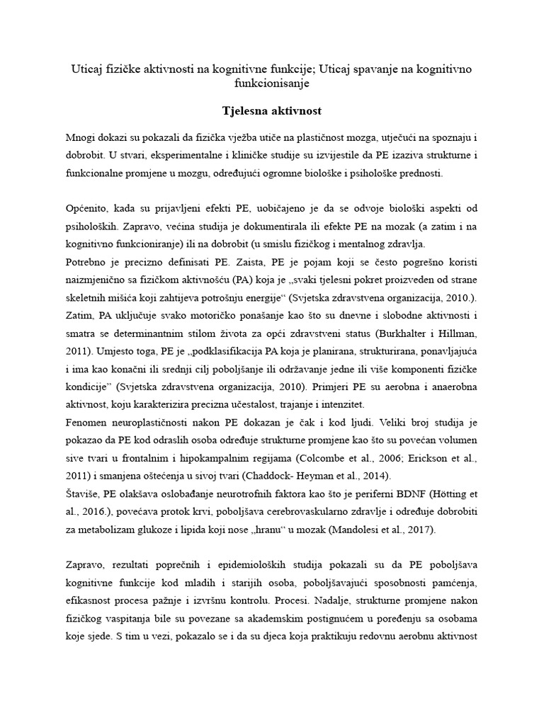 Uticaj Fizičke Aktivnosti Na Kognitivne Funkcije | PDF