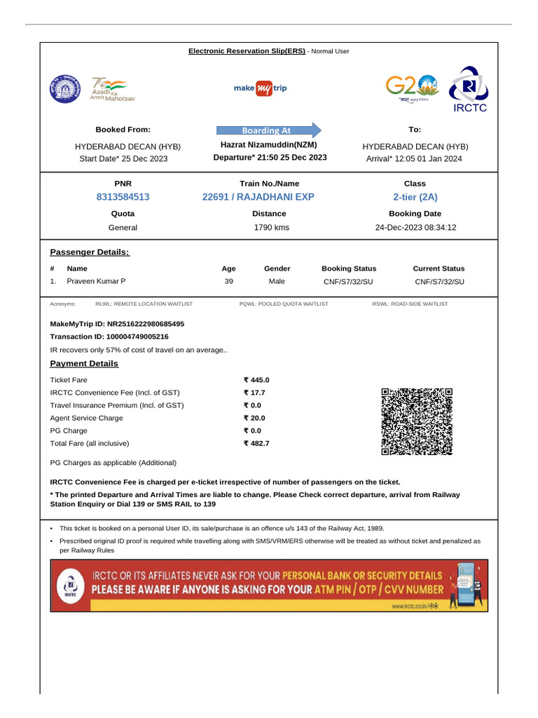 Electronic Reservation Slip for Train Booking | PDF | Identity Document ...