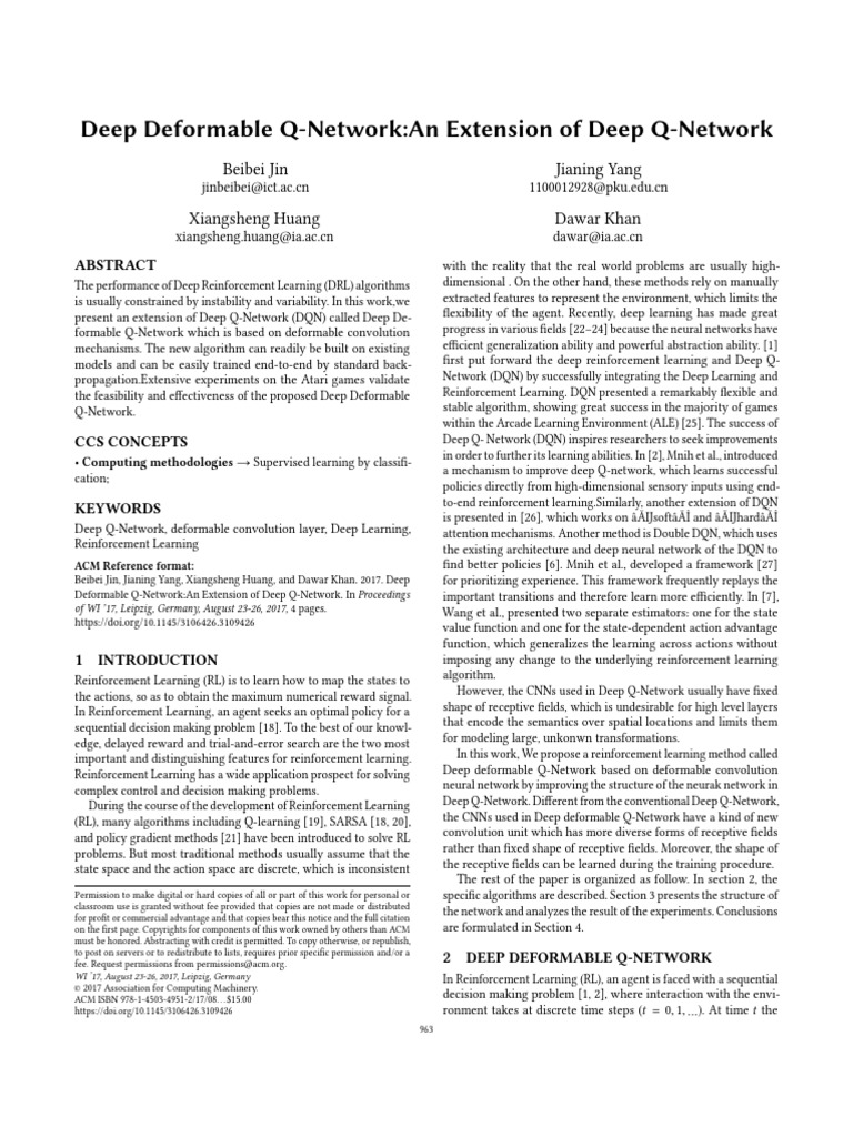 Deep Deformable Q-Network An Extension of Deep Q-Network | PDF | Deep Learning | Learning