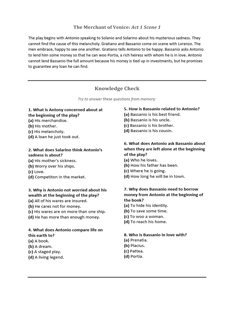 The Merchant of Venice Act 1 Scene 1 Discussion and Quotations | PDF ...