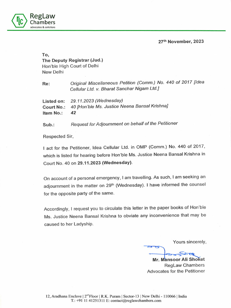 OMP 440 of 2017 - Adjournment Letter | PDF