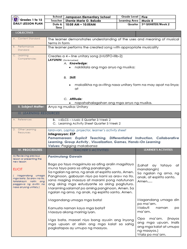 CHECKED-GRADE-5-MUSIC-WEEK-2-LESSON-PLAN | PDF