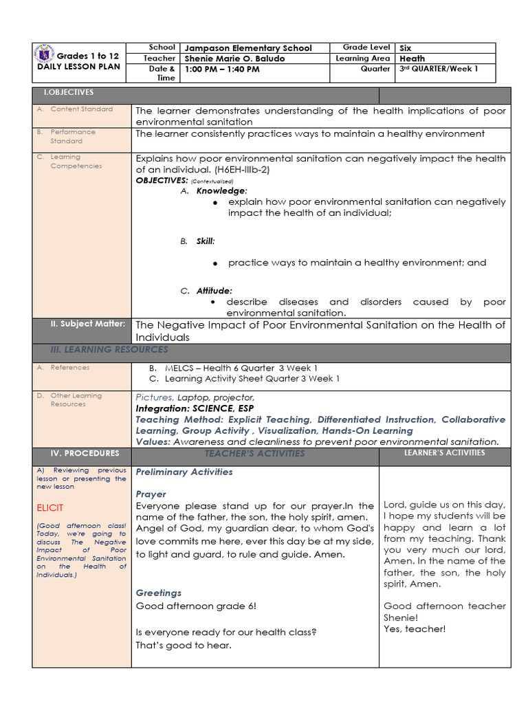 Checked Grade 6 Health Week 1 Lesson Plan | PDF | Sanitation | Waste