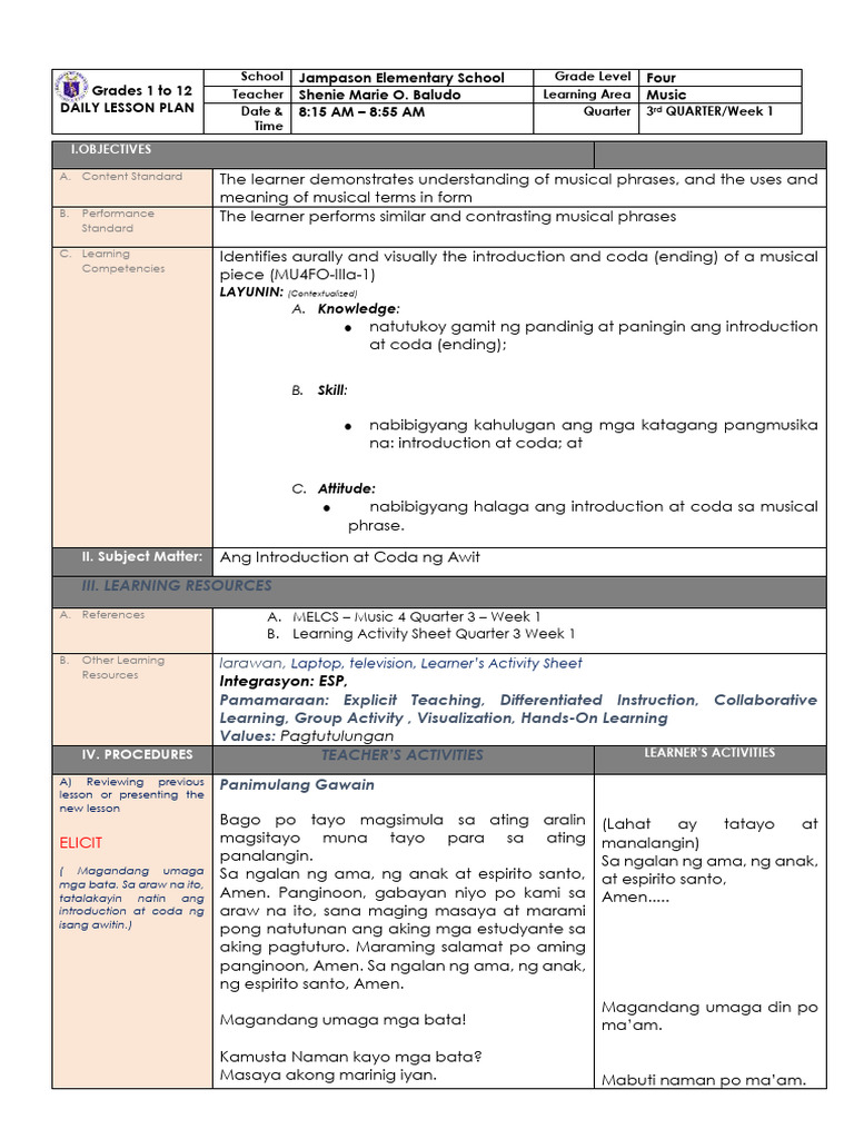 Grade 4 Music Week 1 Lesson Plan | PDF