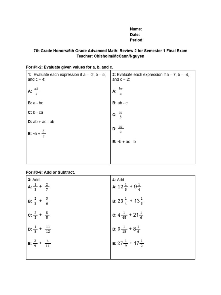 7th Honors - 6th Advanced Math - Review 2 For Semester 1 Exam ...