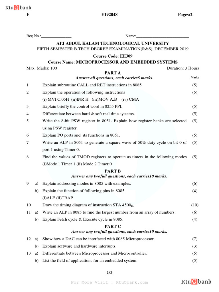 2019 Dec. EE309-F - Ktu Qbank | PDF | Digital Electronics | Central Processing Unit