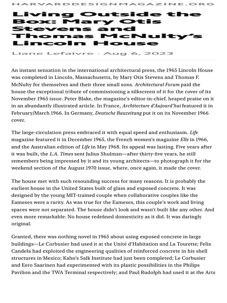 Living Outside The Box: Mary Otis Stevens and Thomas McNulty's Lincoln House | PDF | Concrete ...