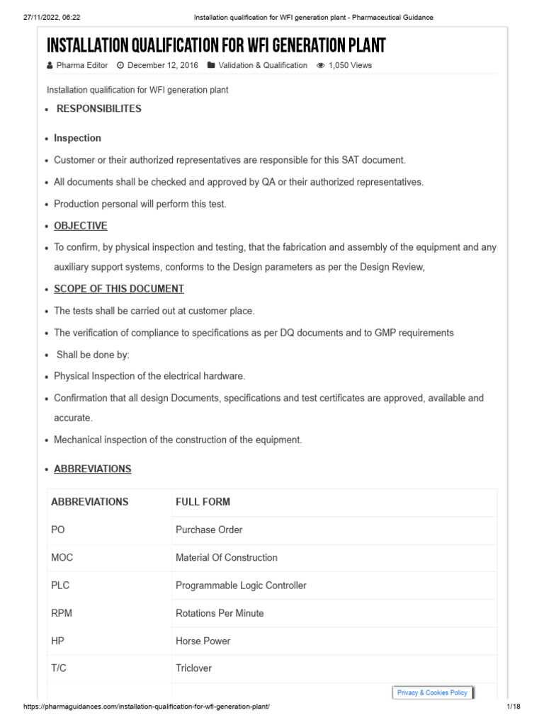 Installation Qualification For WFI Generation Plant - Pharmaceutical ...