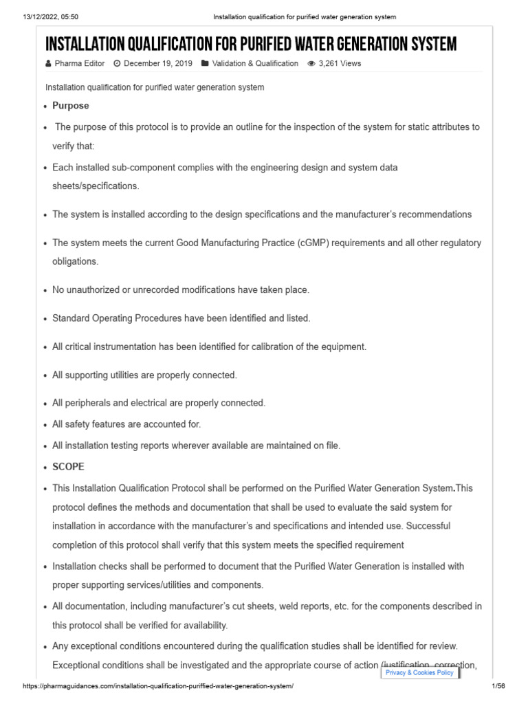 Installation Qualification For Purified Water Generation System | PDF ...