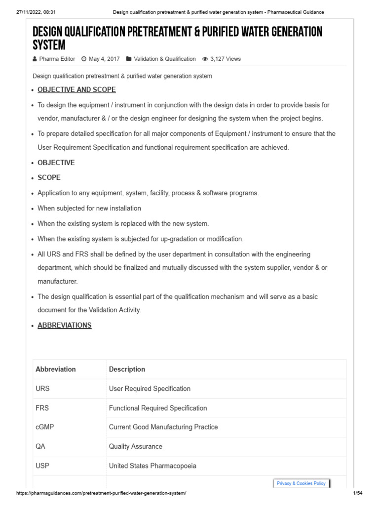 Design Qualification Pretreatment & Purified Water Generation System ...