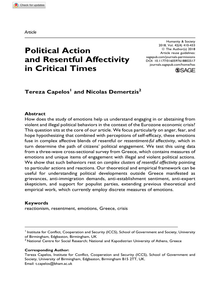 Political Action and Resentful Affectivity in Critical Times | PDF