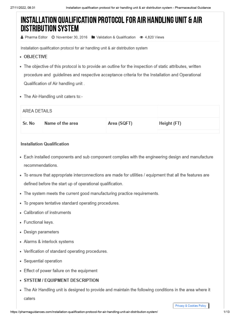 Installation Qualification Protocol For Air Handling Unit & Air Distribution System ...