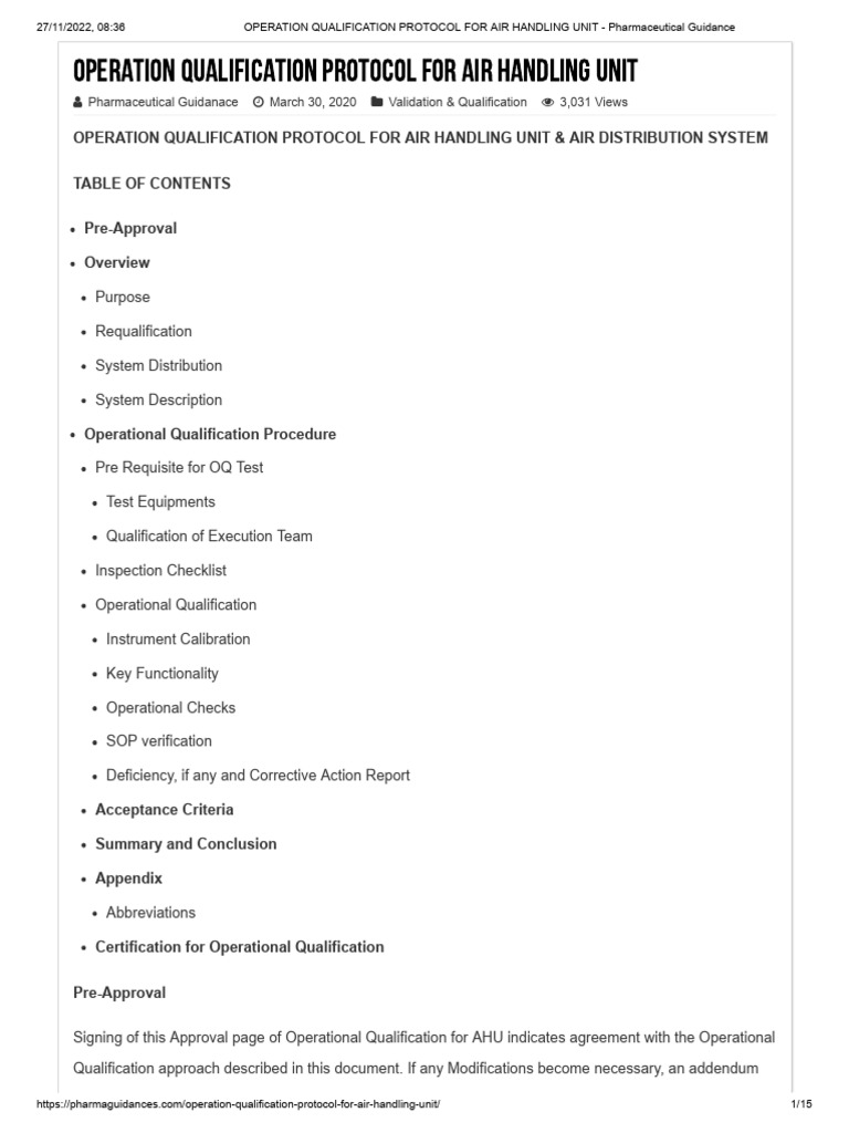 OPERATION QUALIFICATION PROTOCOL FOR AIR HANDLING UNIT - Pharmaceutical Guidance | PDF ...